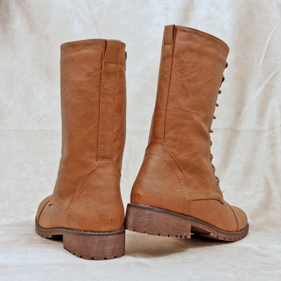 Shoes | Tan Combat Lace Up Mid Calf Zipper Boot Libby1 | Poshmark